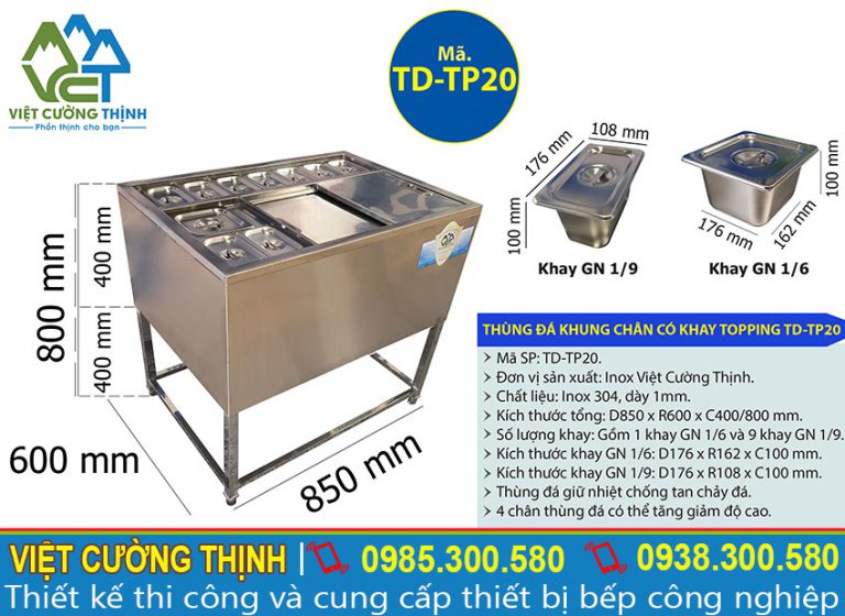 Thùng Đá Inox Có Chân Kèm Khay Topping TD-TP20 - Việt Cường Thịnh